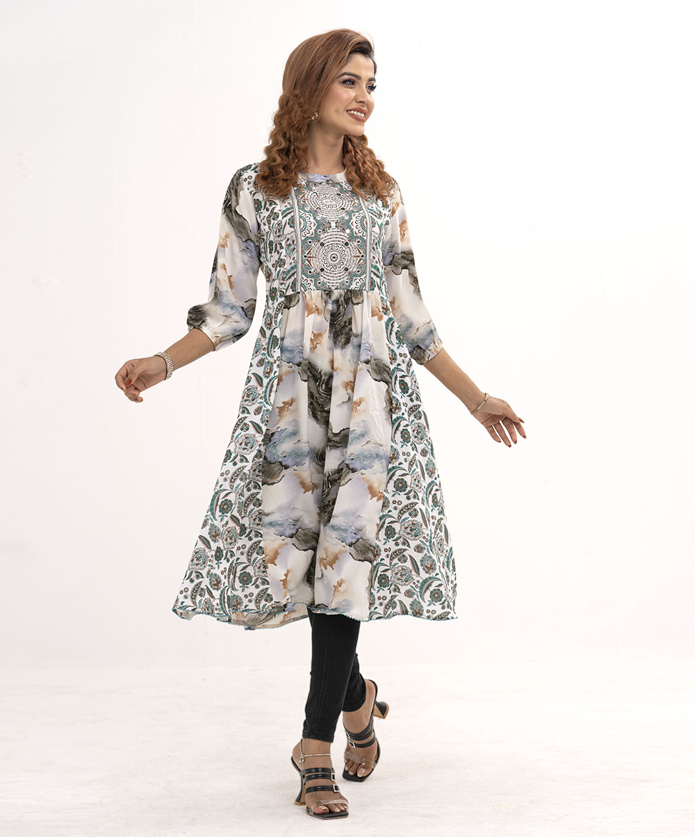 White georgette Long tunic with low mock collar