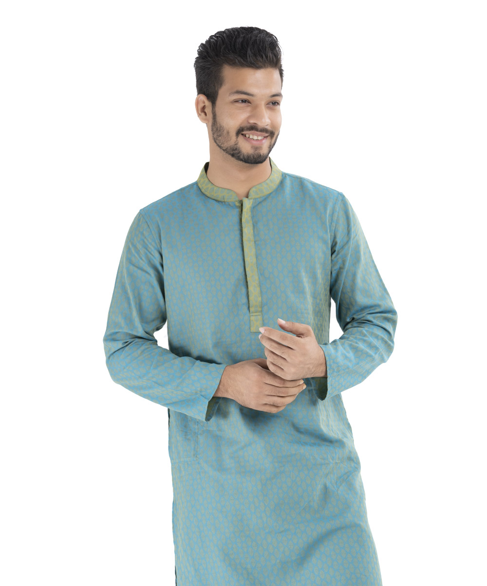 Sea Green Semi Fit Jacquard Cotton Panjabi