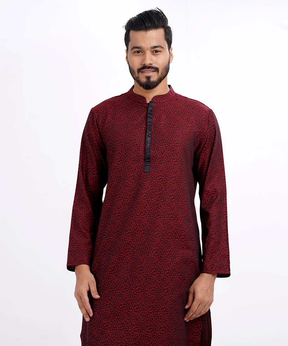 Black and Maroon Jacquard Cotton Panjabi