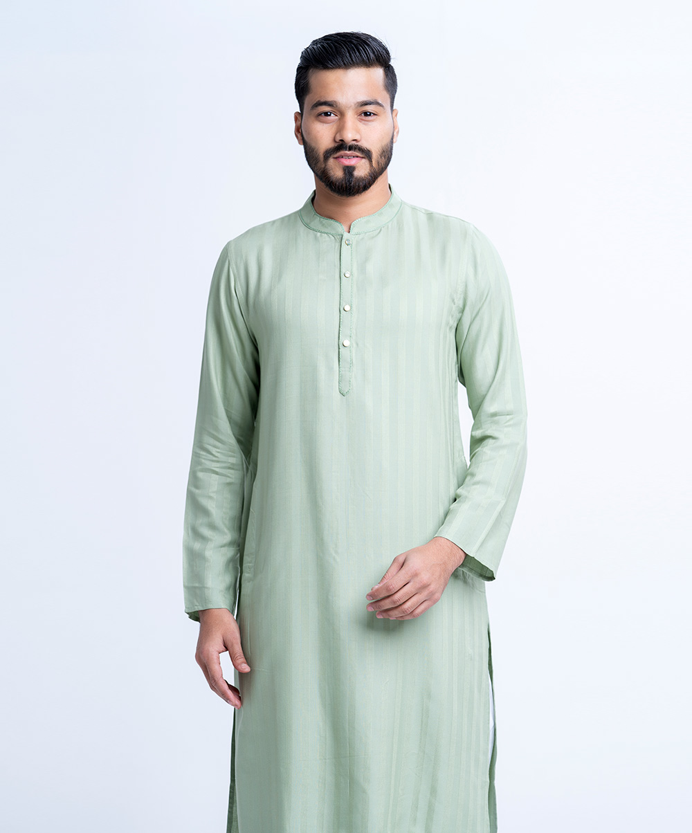 Mint-Green Semi Fitted Jacquard Cotton Panjabi