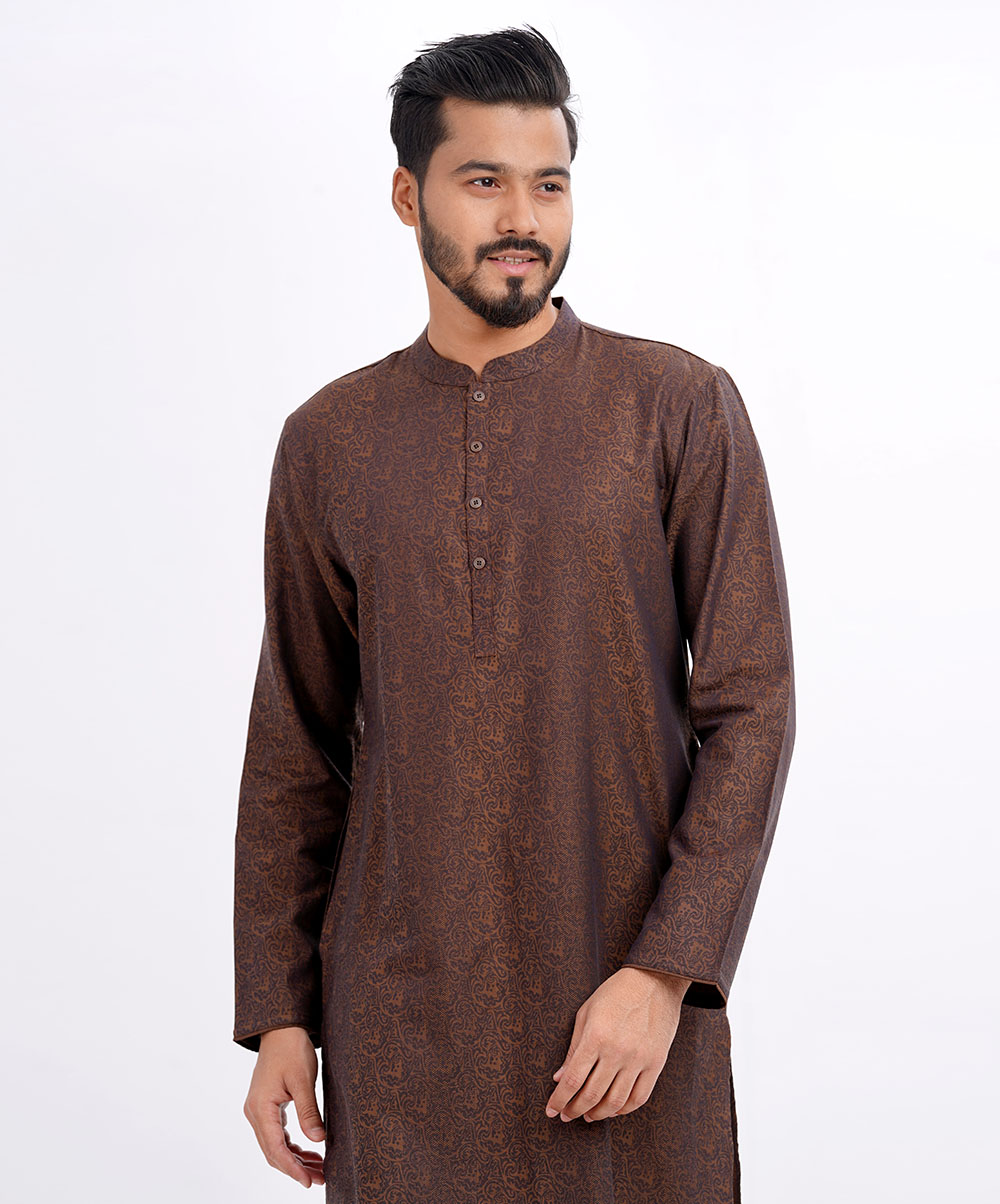 Brown Fitted Jacquard Cotton Panjabi
