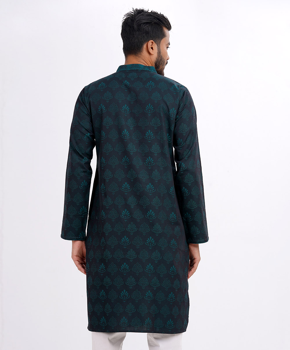 Green Semi Fitted Jacquard Cotton Panjabi