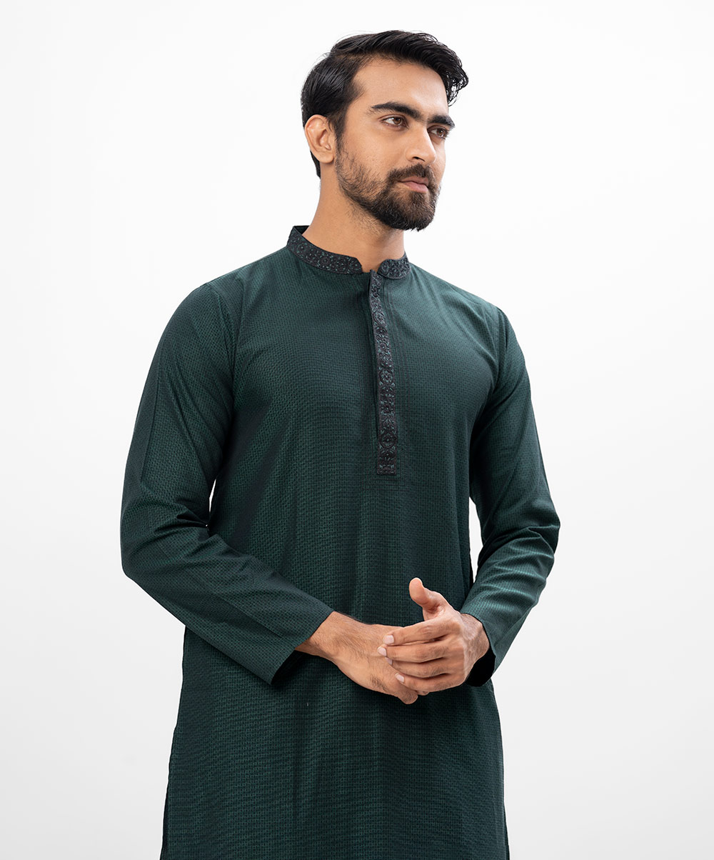 Green Fitted Jacquard Panjabi