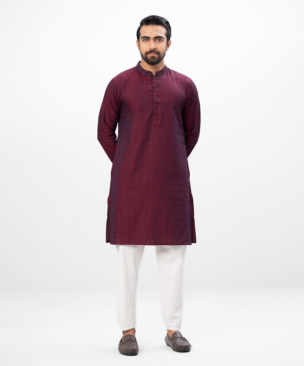 Maroon Fitted Jacquard Cotton Panjabi