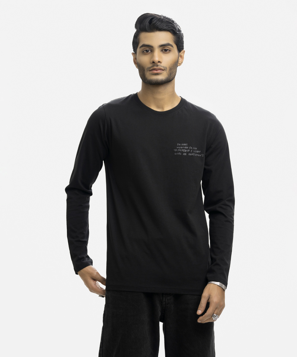 Blue Cotton Long Sleeve Round Neck T-Shirt